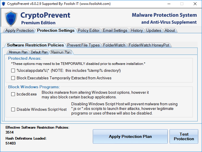 CryptoPrevent Protection Settings->Software Restriction Policies ...